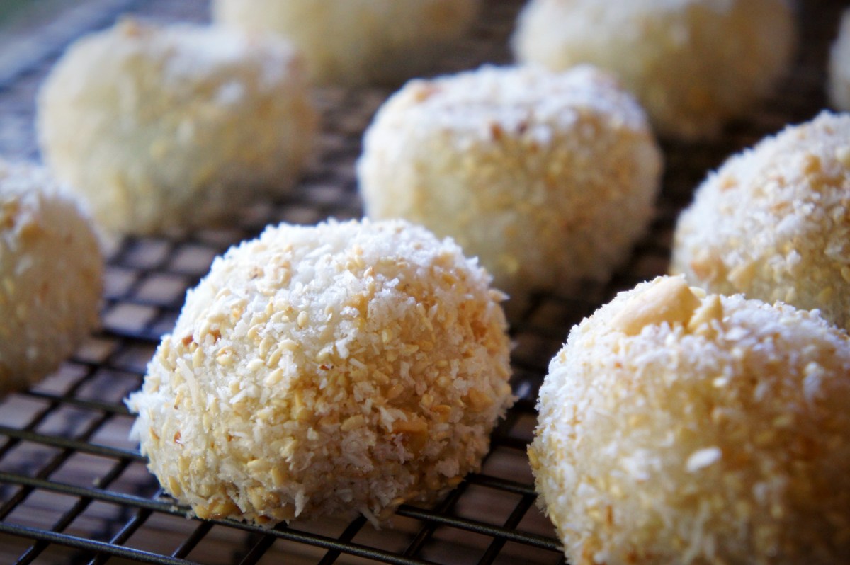 Sweet glutinous rice balls with walnut and black sesame filling, coated ...